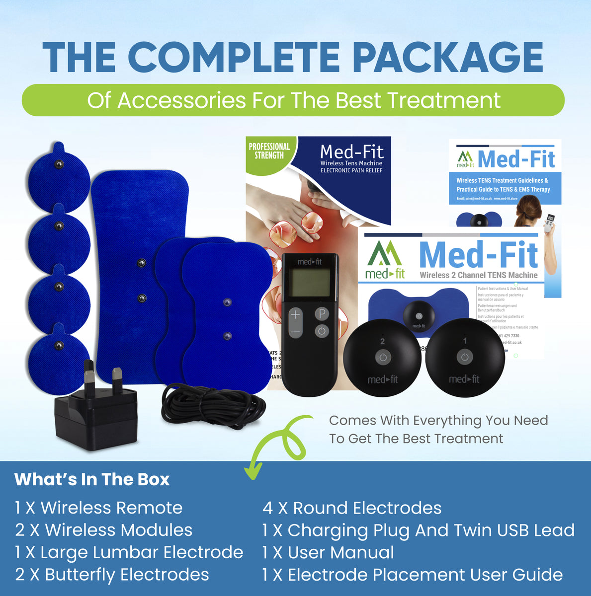 Med-Fit Wireless 2 Channel TENS & EMS Machine | Premium Electrodes